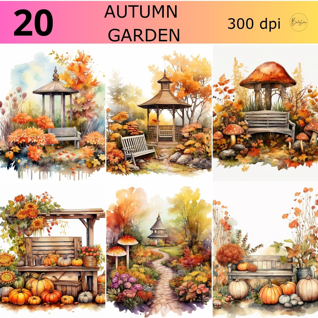 Watercolor Autumn Garden Clipart, Autumn Illustrations Bundle, Brown ...