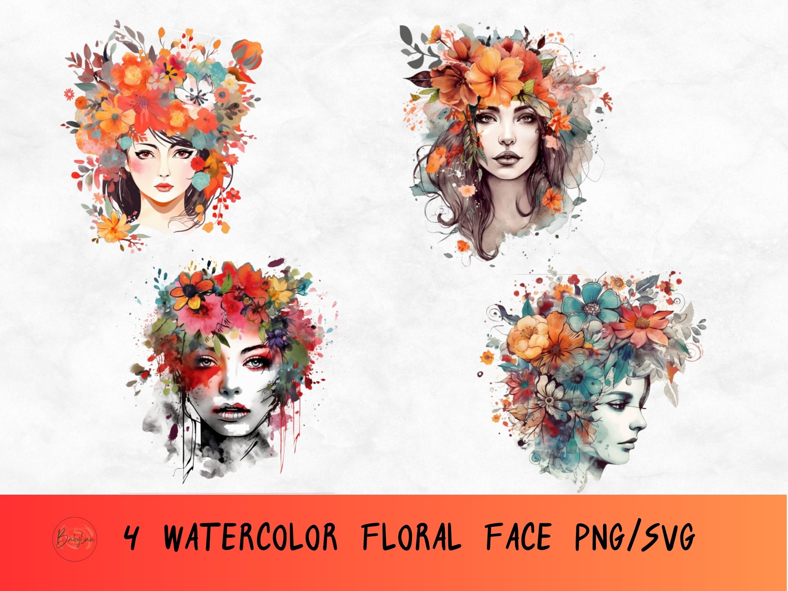 Floral Face Svg Bundle,floral Clipart Face,flower Head Png, Hand Drawn ...