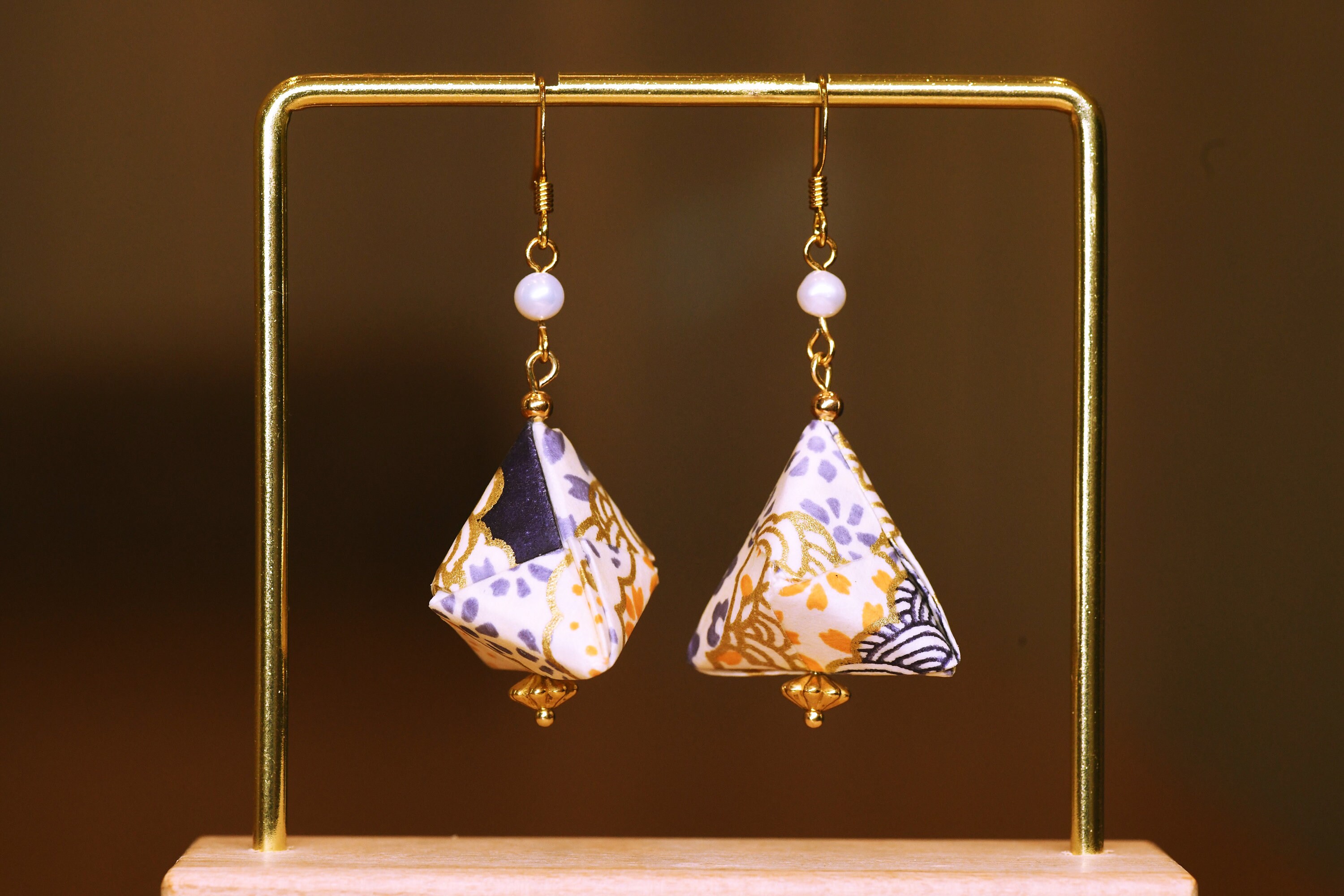 Origami Earrings, Japanese Yuzen Washi Paper, Handmade, Blue Orange ...