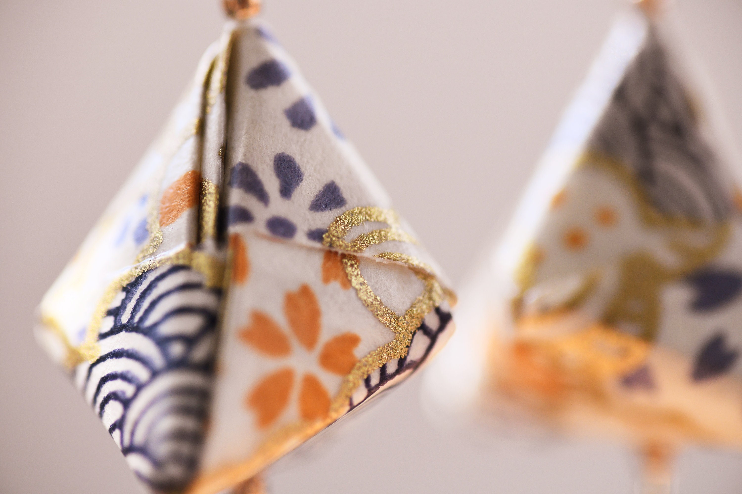 Origami Earrings, Japanese Yuzen Washi Paper, Handmade, Blue Orange ...