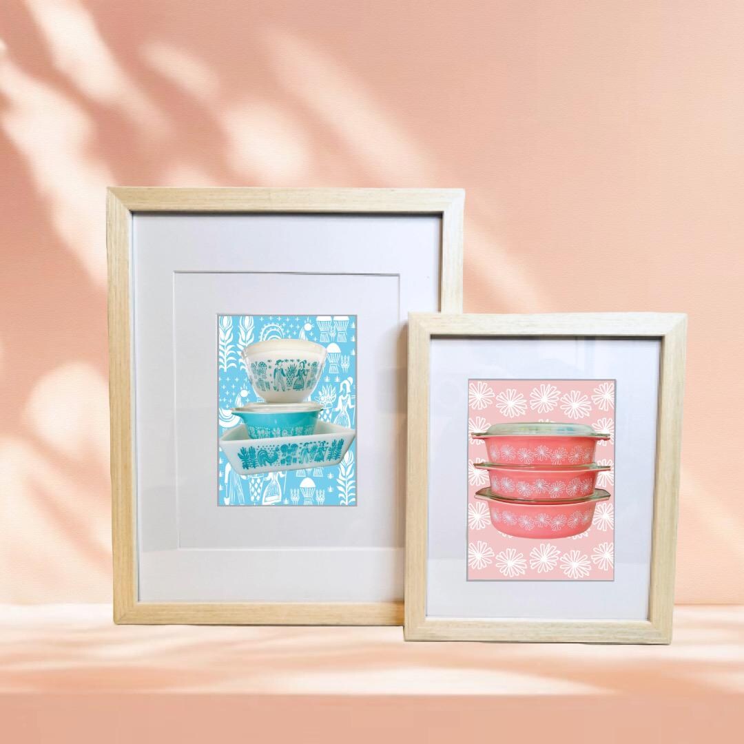 Vintage Pyrex Print: MCM Kitchen Wall Art - Pink Daisy or Blue Amish - Etsy
