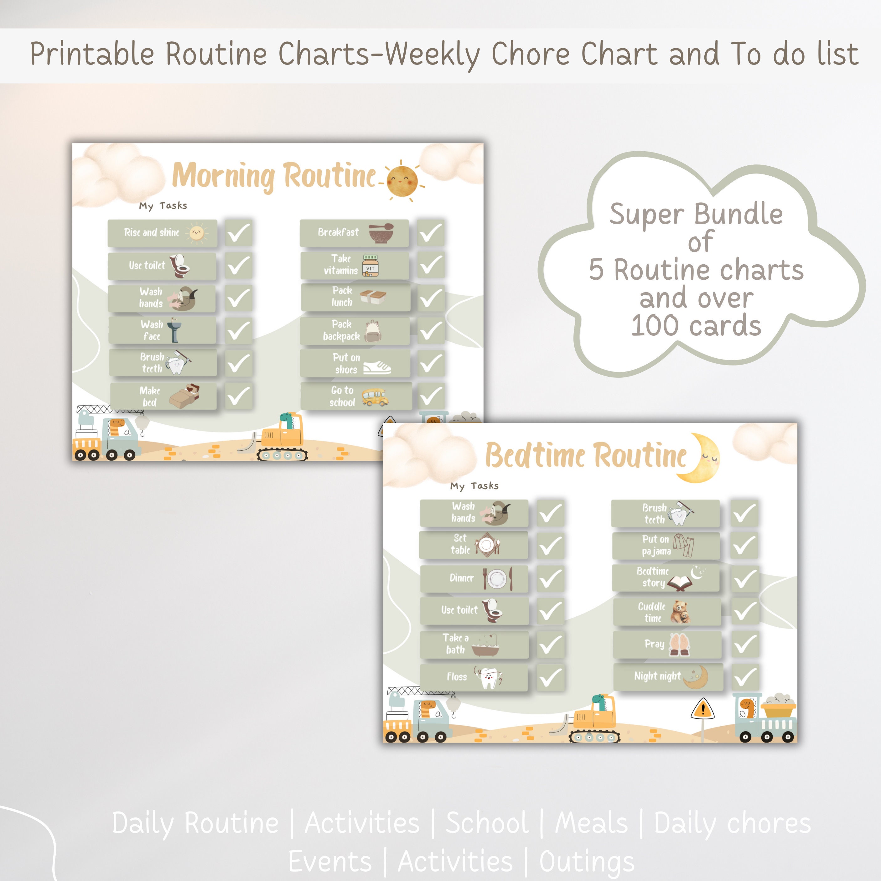 Construction Theme Bundle of Routine Charts / Morning Routine Chart ...