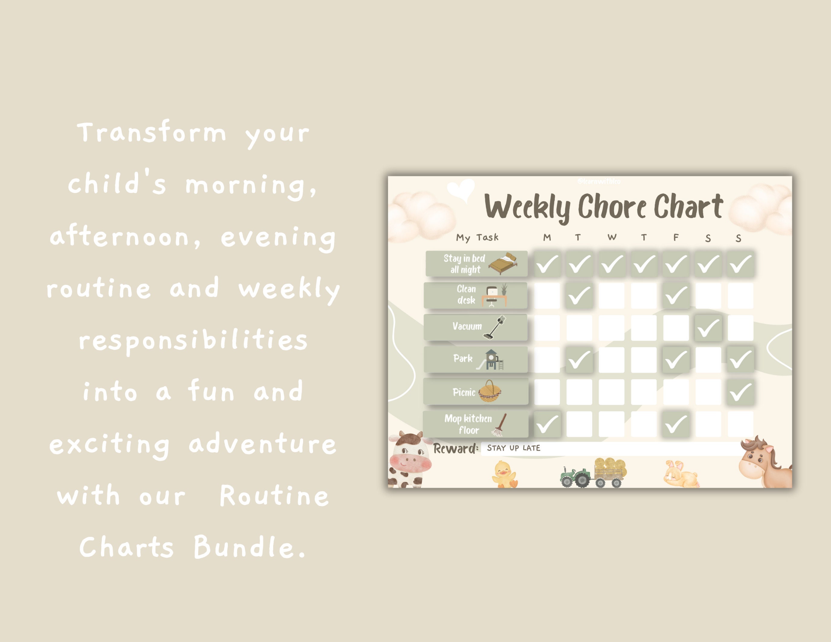Farm Animals Routine Charts Bundle: Kids Morning, Bedtime, Chore ...