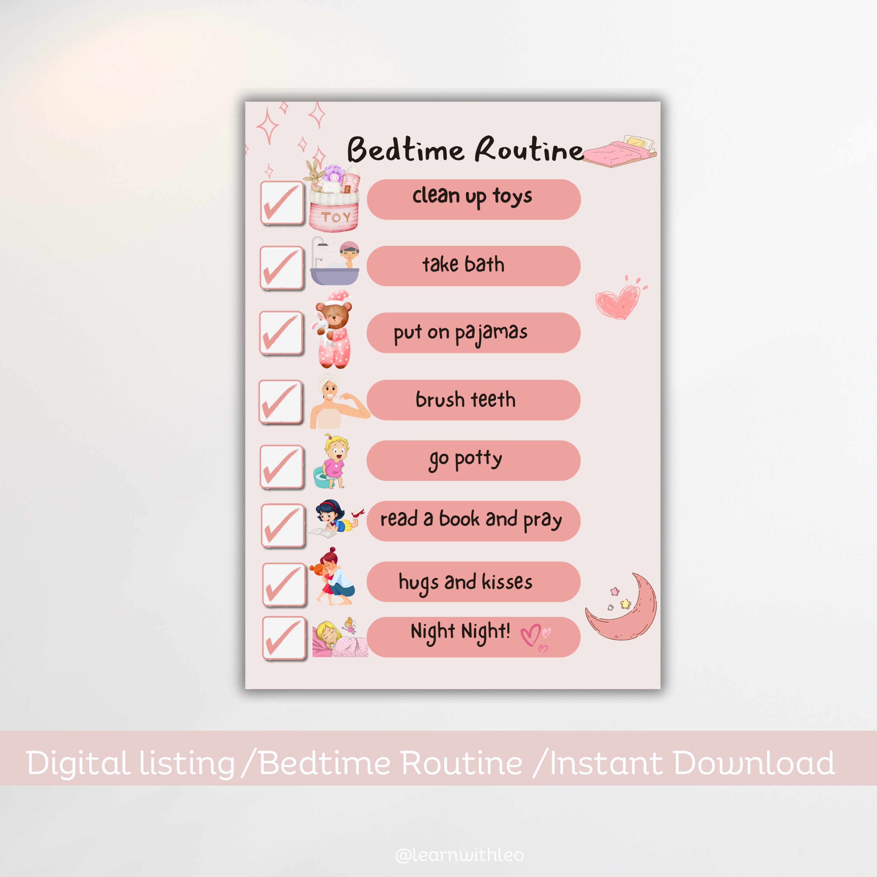Bedtime Routine Chart for Girls / Toddler Routine / Editable / Custom ...