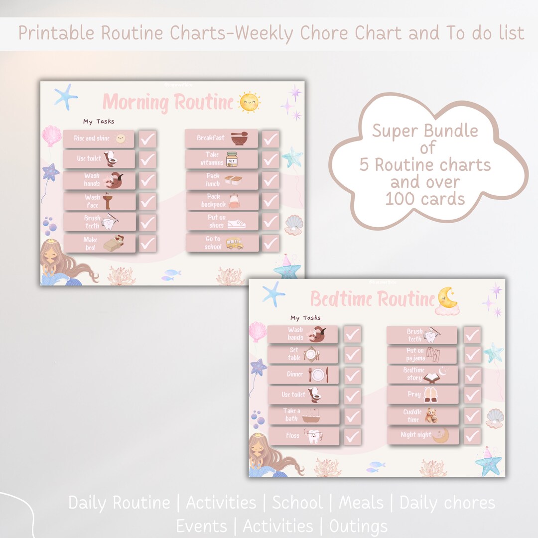 Mermaid Routine Charts Bundle: Kids Morning, Bedtime, Chore (digital ...