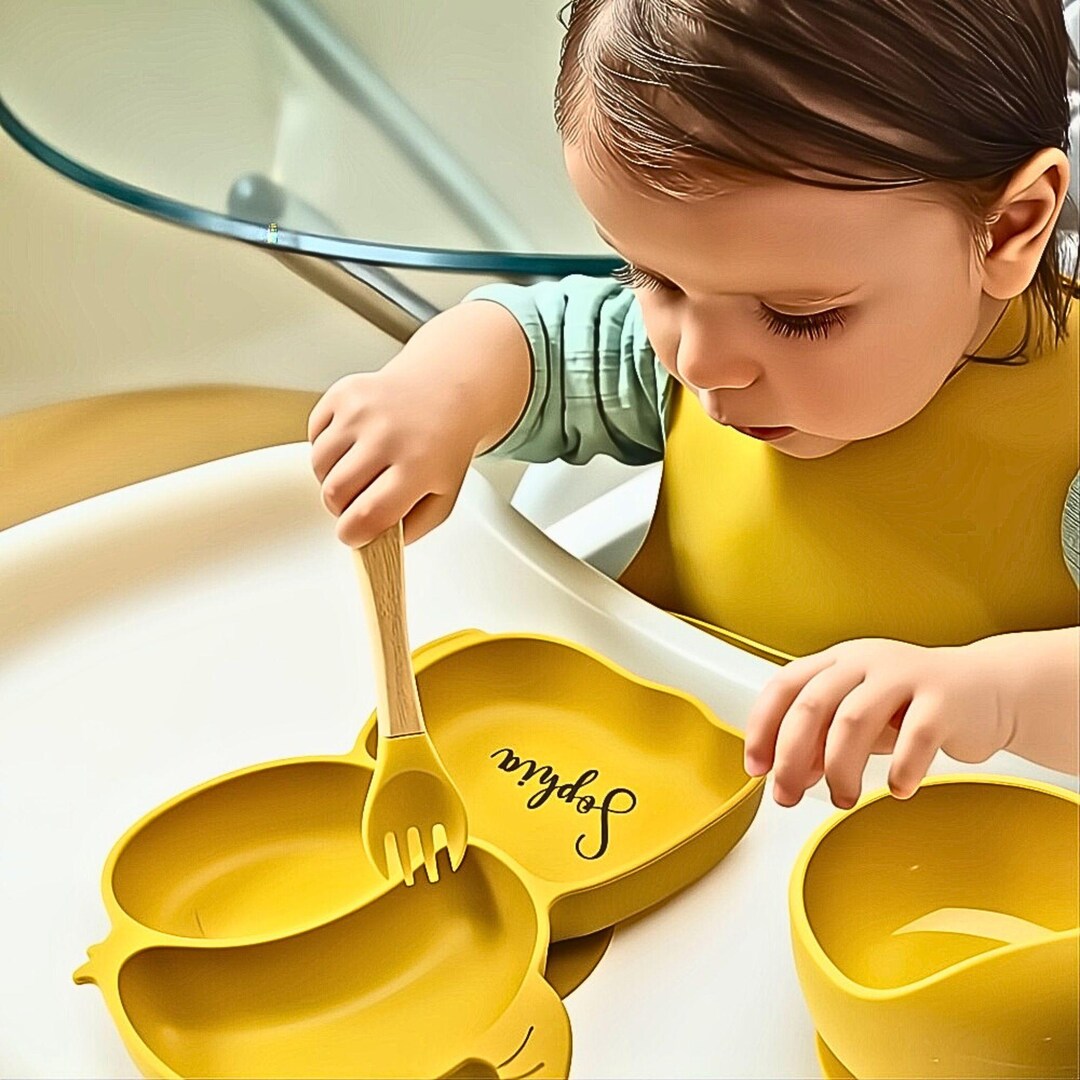 Personalized Baby Feeding Set, Custom Silicone Suction Plate, Divided ...