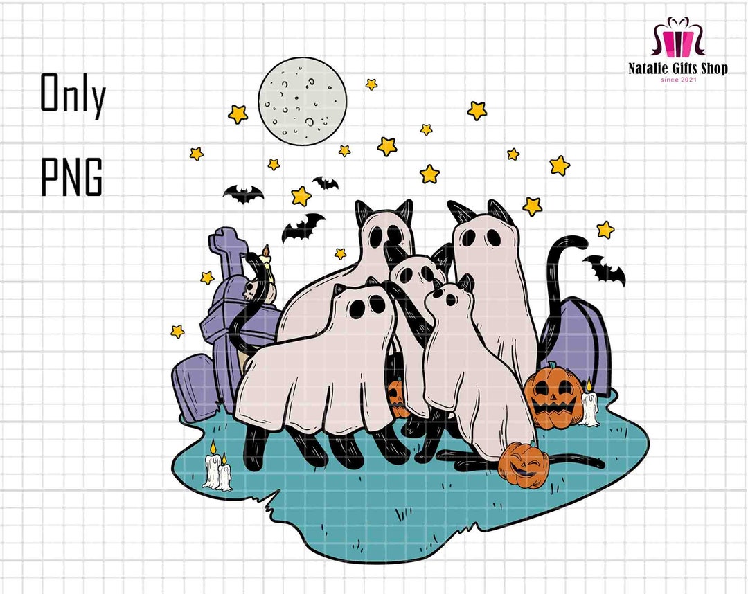Cat Halloween Png, Black Cat Png, Cat Ghost Png, Retro Halloween Png ...