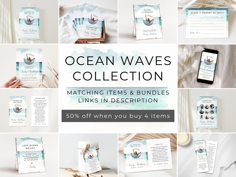 Funeral Prayer Card Template Ocean, INSTANT DOWNLOAD, Celebration of ...