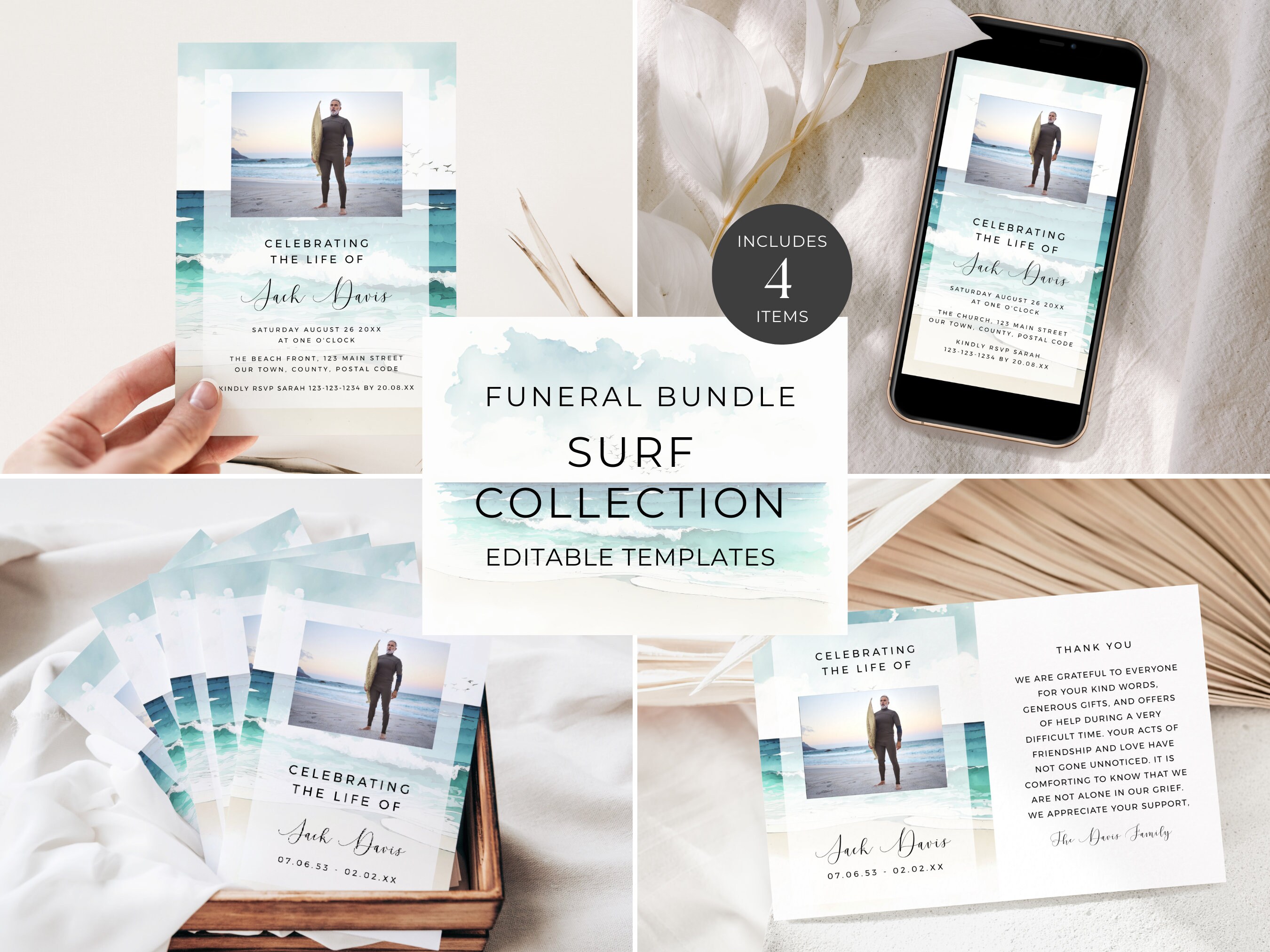Funeral Bundle Set Beach, INSTANT DOWNLOAD, Surfer Celebration of Life ...
