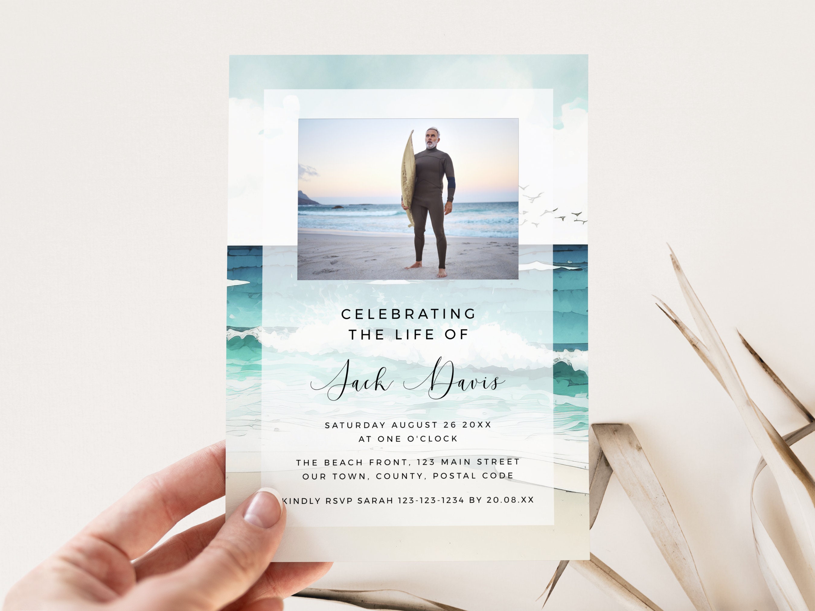 Surfer Celebration of Life Invitation Template, INSTANT DOWNLOAD ...