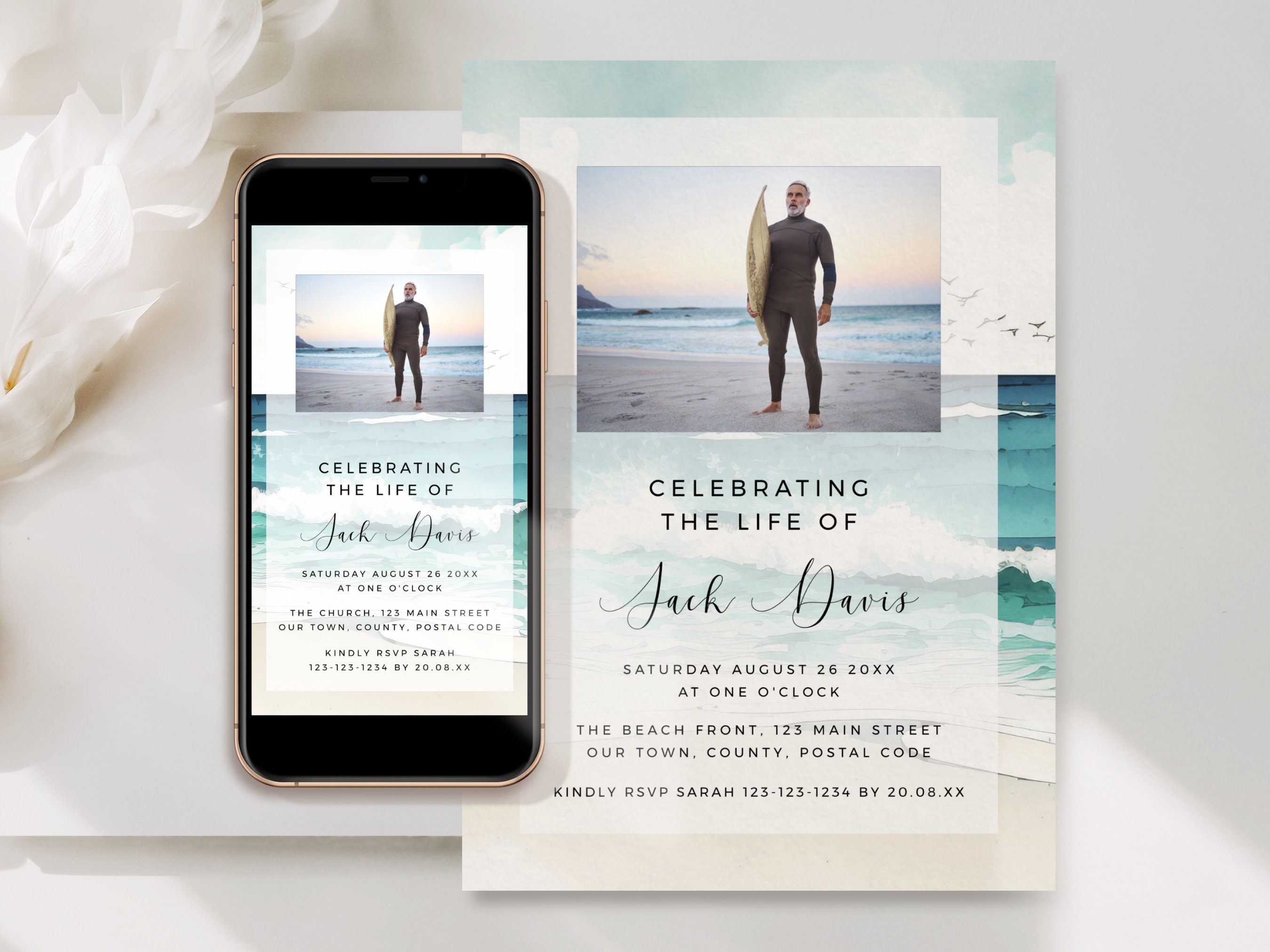 Surfer Funeral Invitation Template Digital, INSTANT DOWNLOAD ...