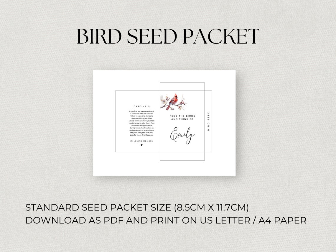Funeral Favors Bird Seed Packet, INSTANT DOWNLOAD, Printable Memorial ...