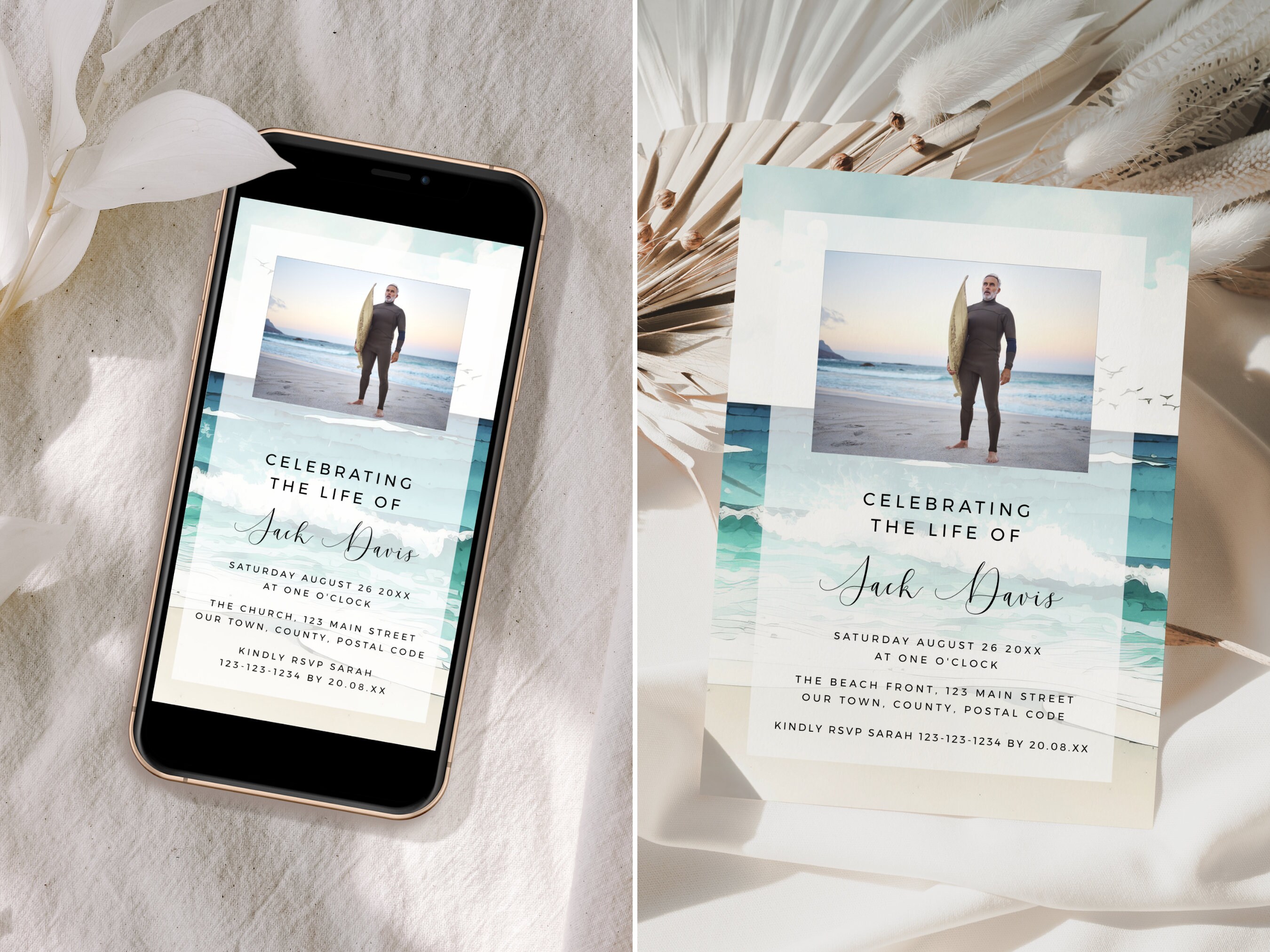 Surfer Funeral Invitation Template Digital, INSTANT DOWNLOAD ...