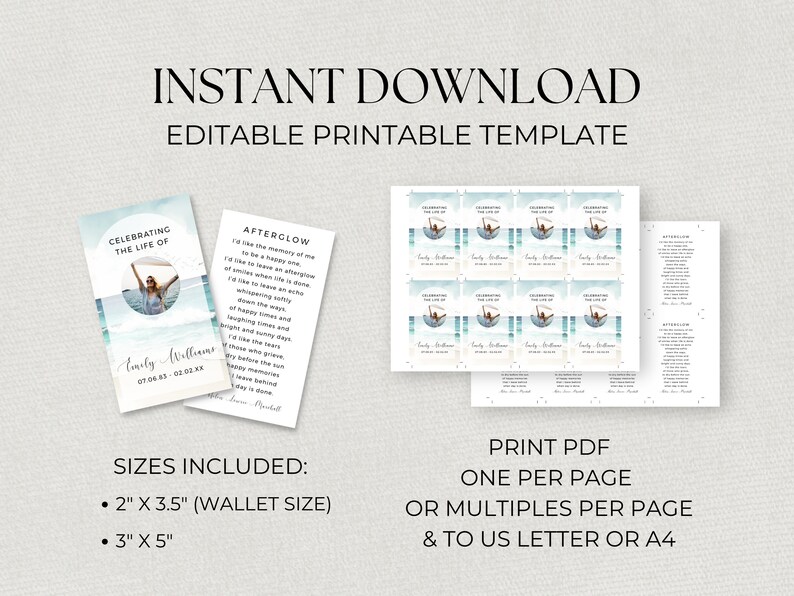 Funeral Prayer Card Template Ocean, INSTANT DOWNLOAD, Celebration of ...