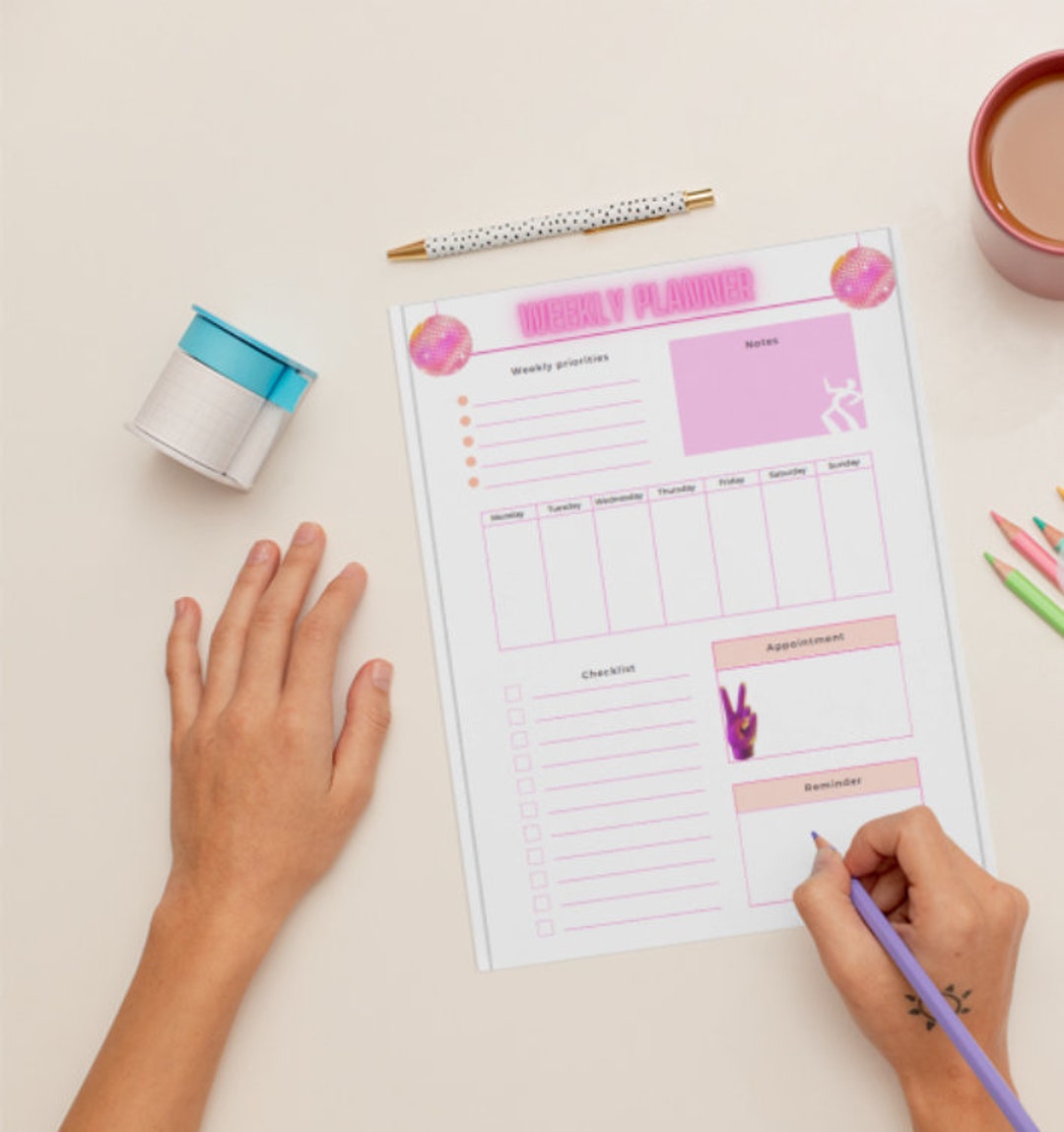Pink Weekly Planner Disco Printable Download to Help Organisation and ...