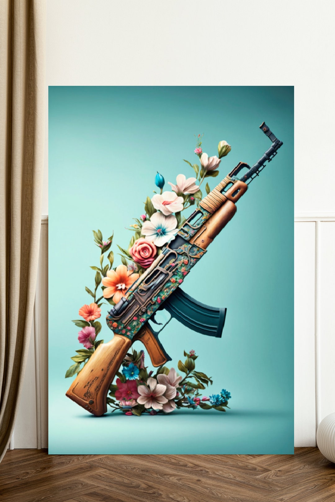 Machine Gun Transforming Into Flowers Ak 47 Poster Digital Printing ...
