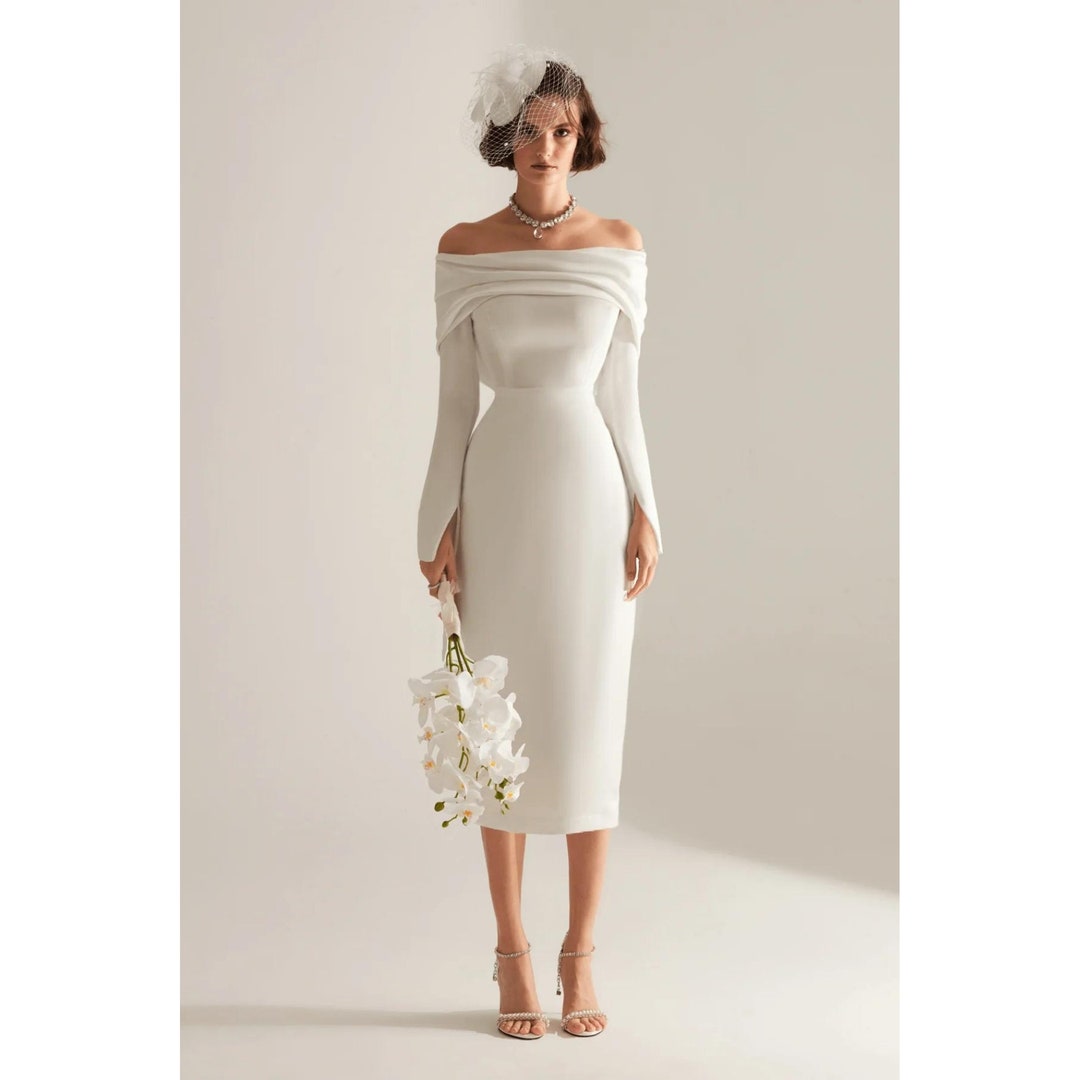 Off the Shoulder off White Midi Civil Wedding Dress, Mini Courthouse ...