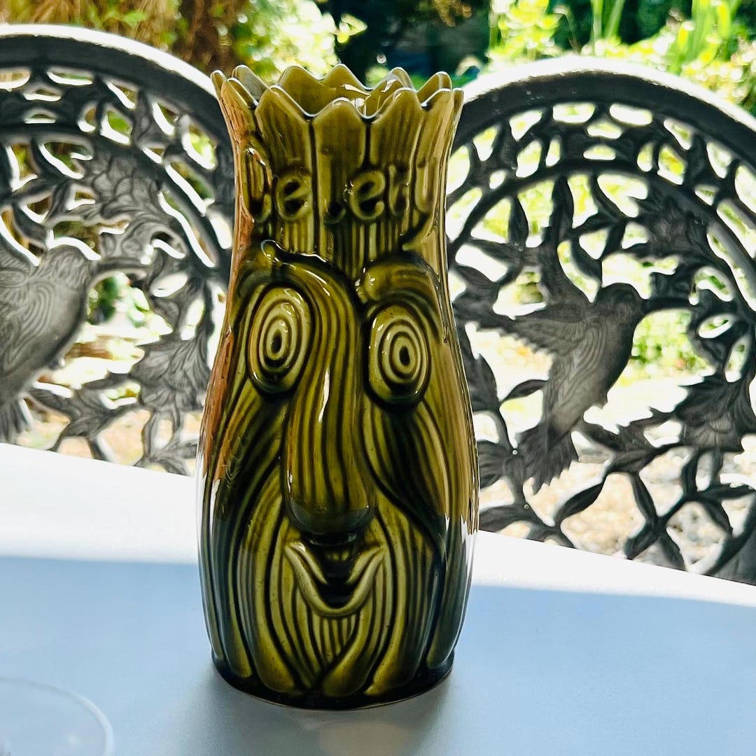 Vintage Green Glazed Ceramic Celery Pot, Moulded Face Vase, Retro ...