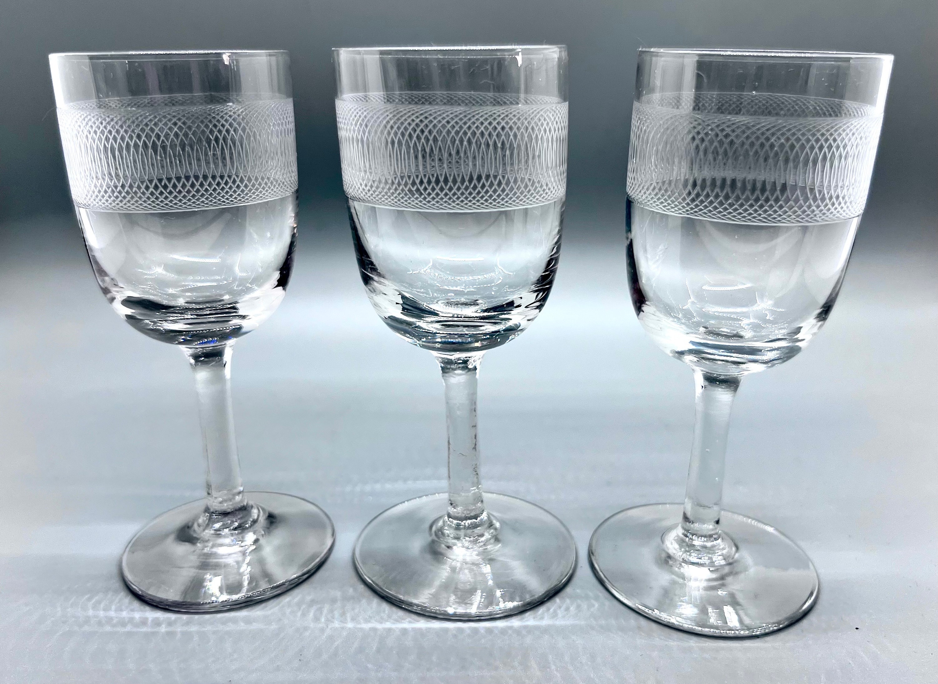 ANTIQUE SHERRY GLASSES Antique Needle Etched Glasses 3 Vintage Port ...