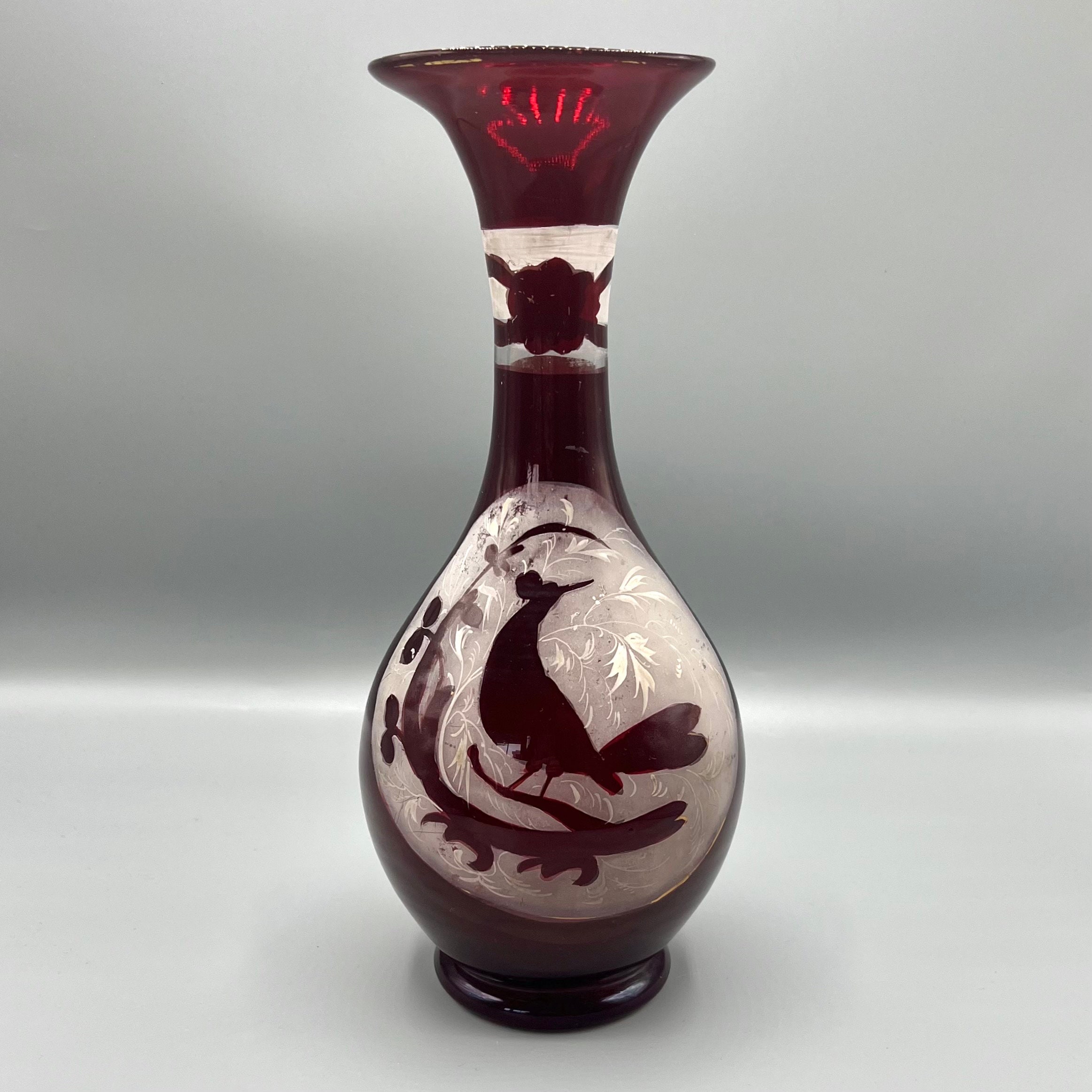 Antique Bohemian Glass Vase, Tall Hand Blown Maroon Ruby Red, Etched ...