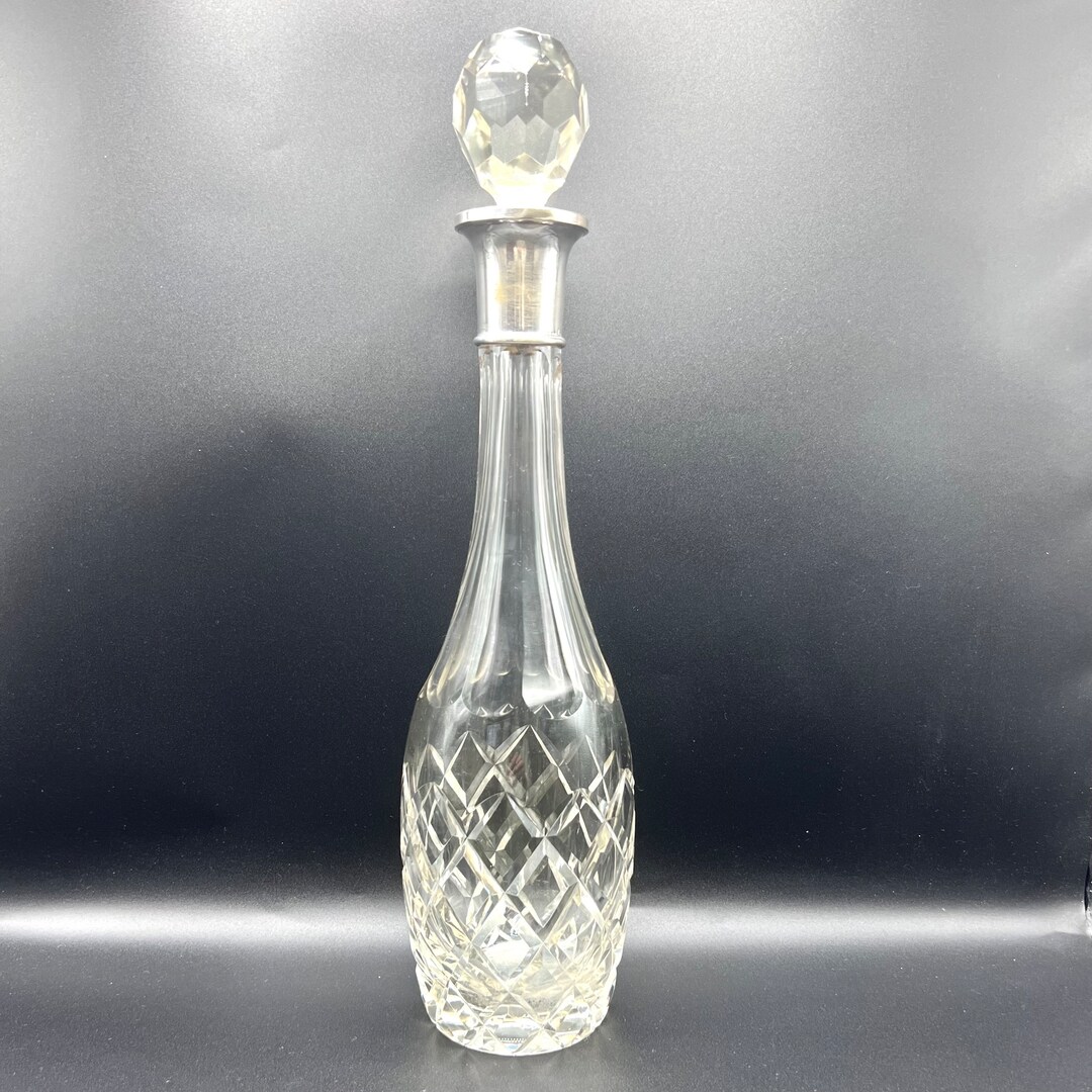 Vintage Cut Crystal Decanter With Silver Plated Rim, Extra Tall Large ...
