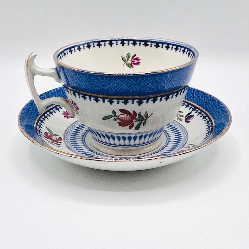Antique Booths China Cup and Saucer: Blue Lowestoft Floral, 1906+ - Etsy
