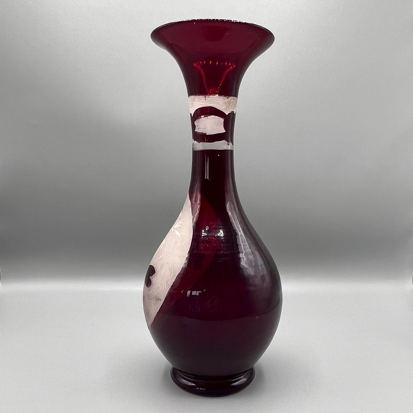 Antique Bohemian Glass Vase, Tall Hand Blown Maroon Ruby Red, Etched ...