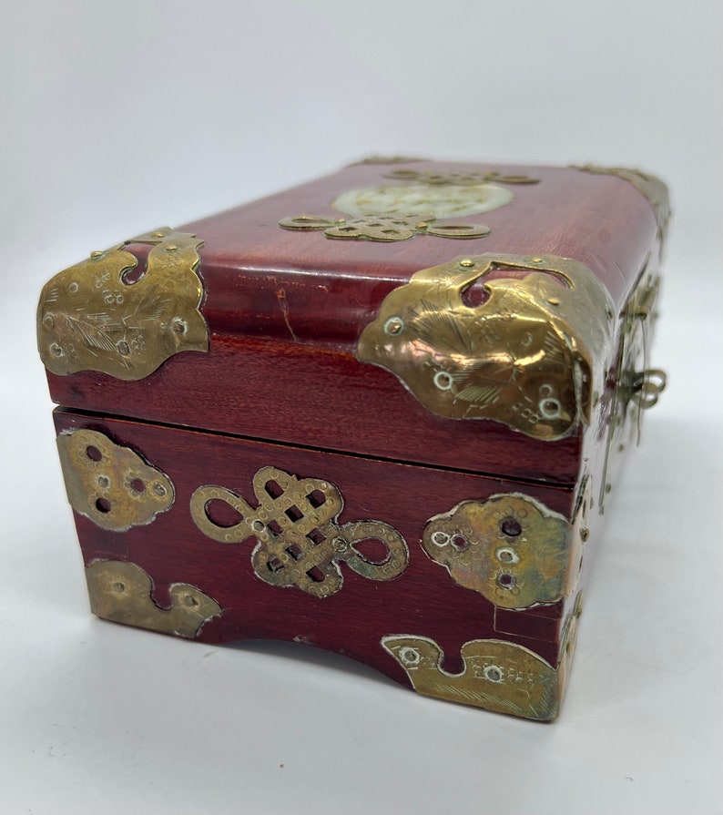Vintage Chinese Wood Lacquered Jewellery Box With Inlay Jade and Brass ...
