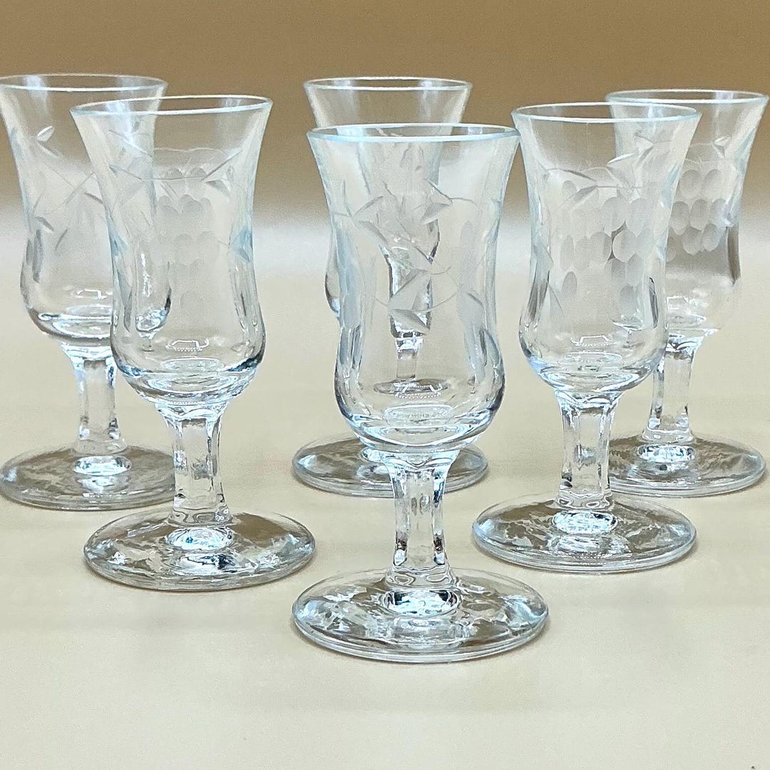 Vintage Etched Liquor Toasting Glasses, Rare Flower Etched Schnapps ...