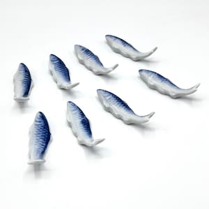 BLUE AND WHITE Porcelain Chop Stick Rest, 8 Koi Fish Chop Stick Spoon ...