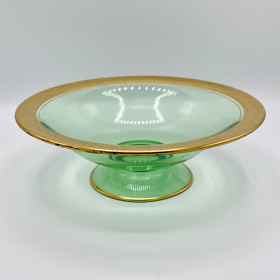 Vintage Tiffan Glass Pedestal Bowl Tazza, Large Mid Century Gilded ...