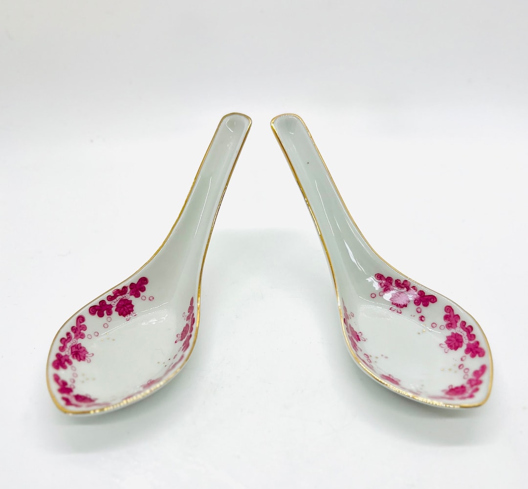 Vintage Chinese Porcelain Soup Spoons: Gilded Floral Set of 2 - Etsy