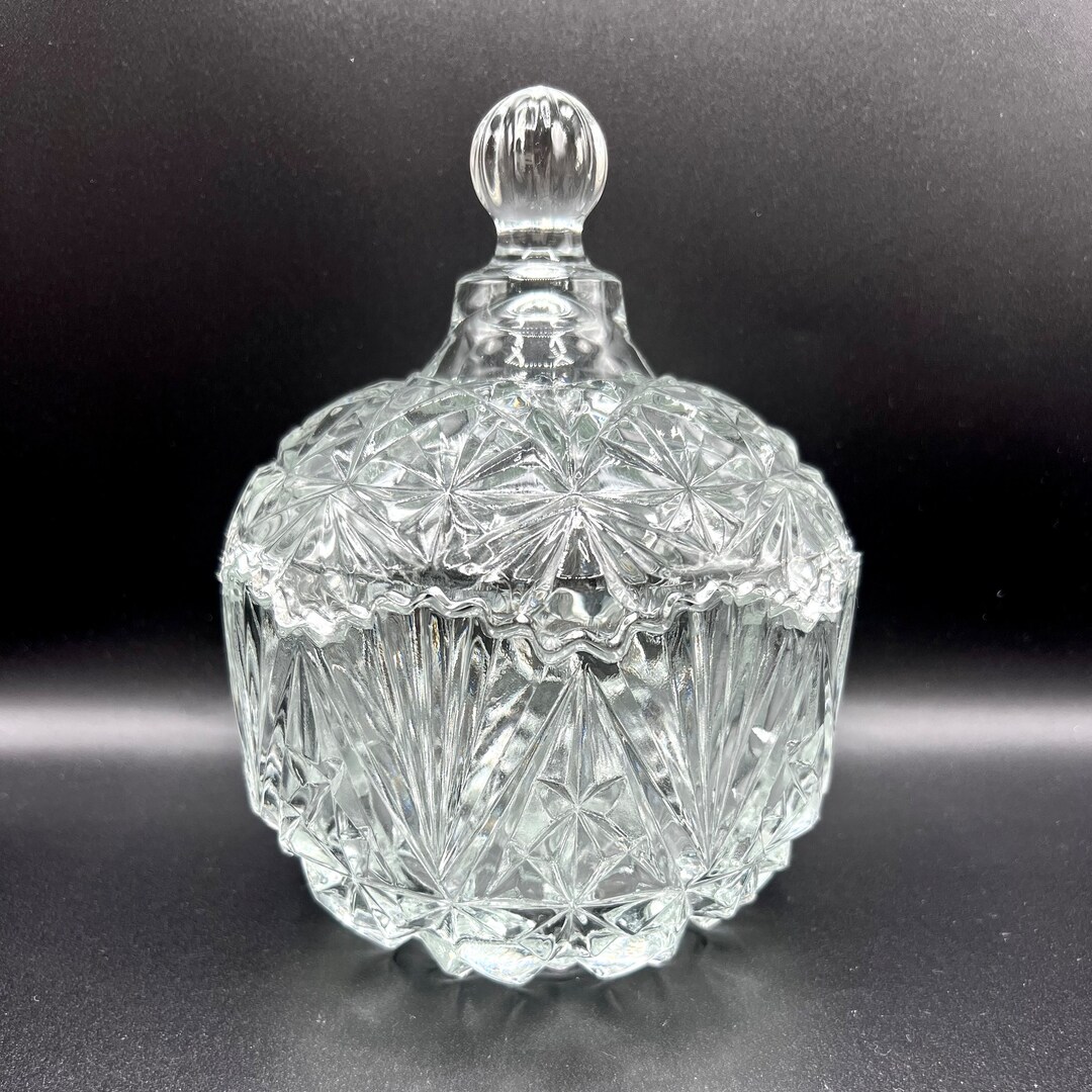 VINTAGE GLASS Lidded BOWL Pressed Cut Glass, Saw Tooth Rimmed and Domed ...