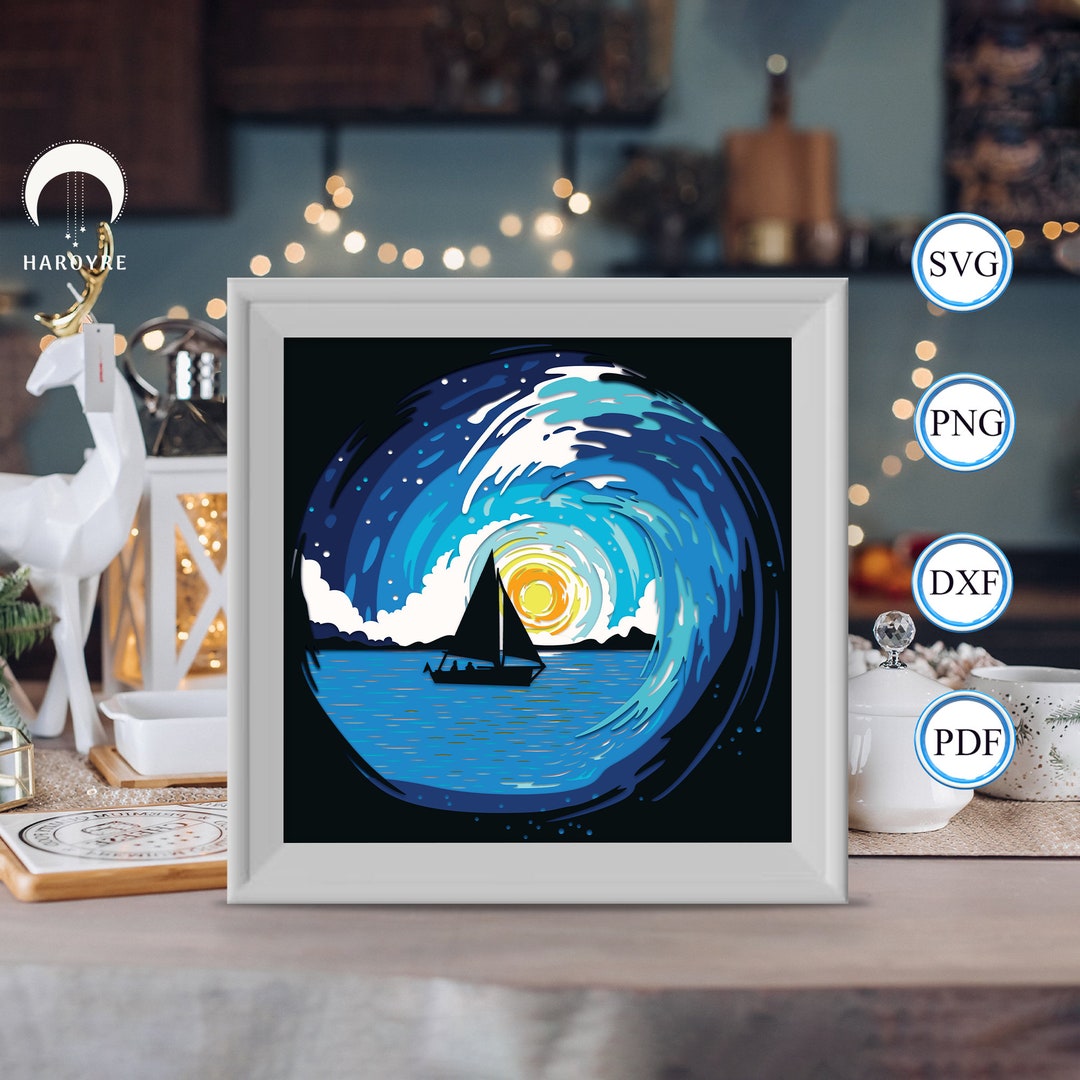 Wave Shadow Box Svg, Wave Paper Cut Light Box, Shadow Box Template for ...