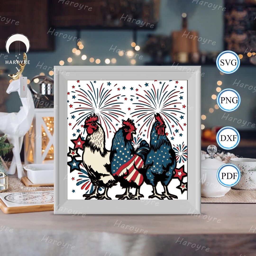 Patriotic USA Chicken Shadow Box Svg, Chicken Paper Cut Light Box ...