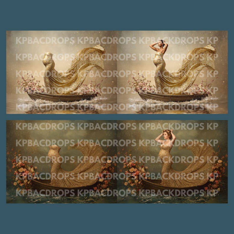 Gold Floral Boat & Maternity Dress Background, Digital Dress Overlays ...