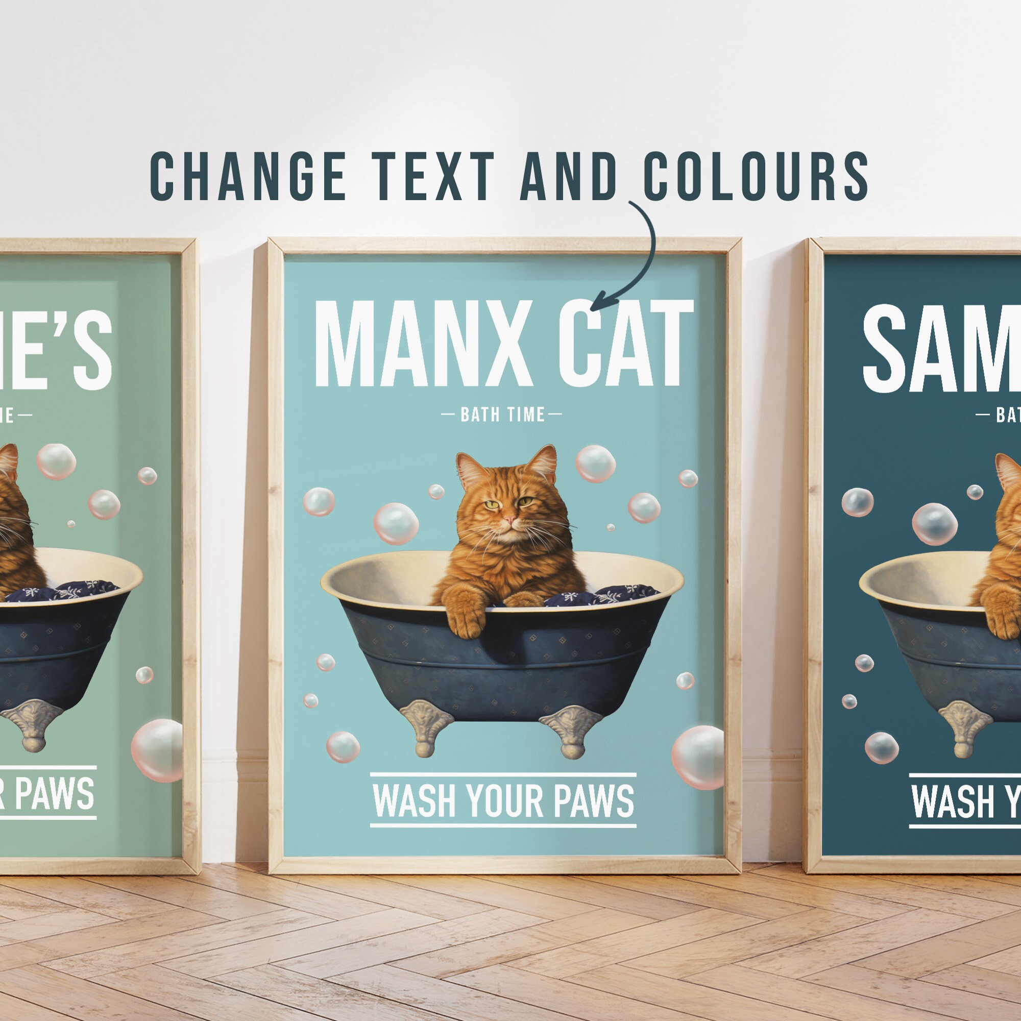 Any Colour Manx Cat in Bath Poster Manx Cat Poster Manx Cat Custom Text ...