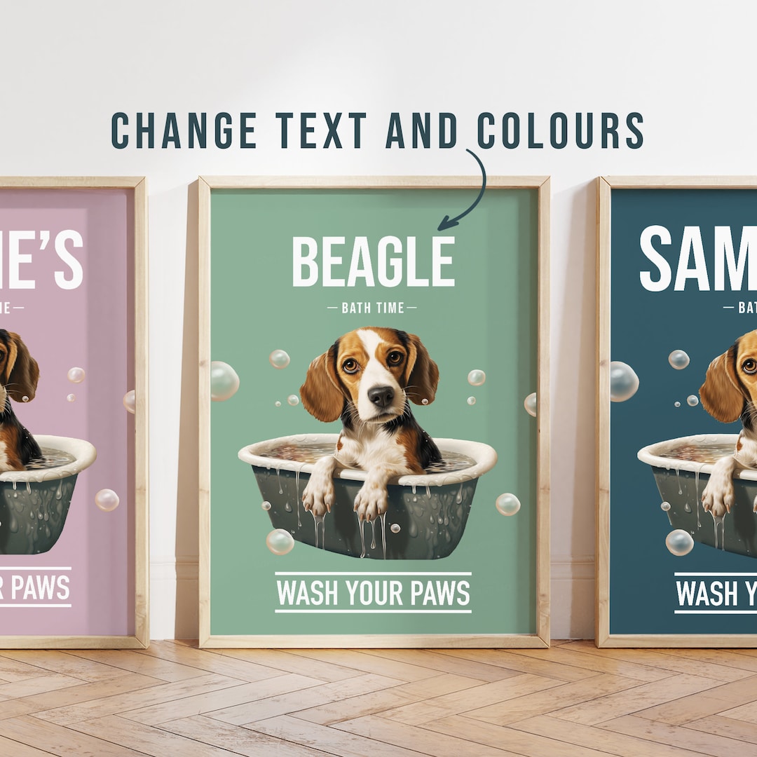 Beagle in Bath Poster Beagle Dog Poster Custom Text Print Personalised ...