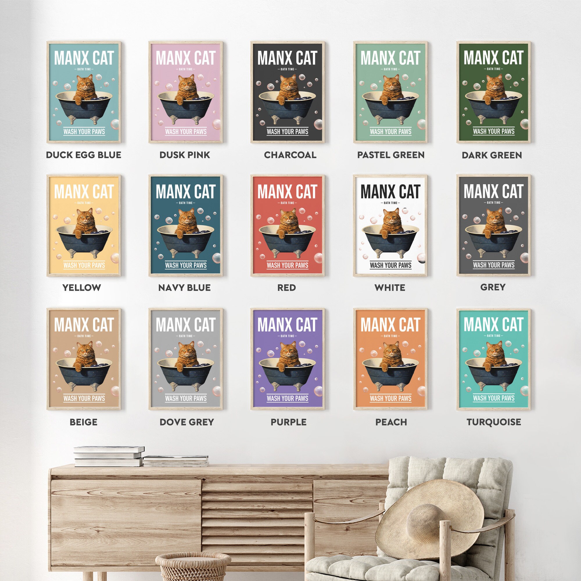 Any Colour Manx Cat in Bath Poster Manx Cat Poster Manx Cat Custom Text ...