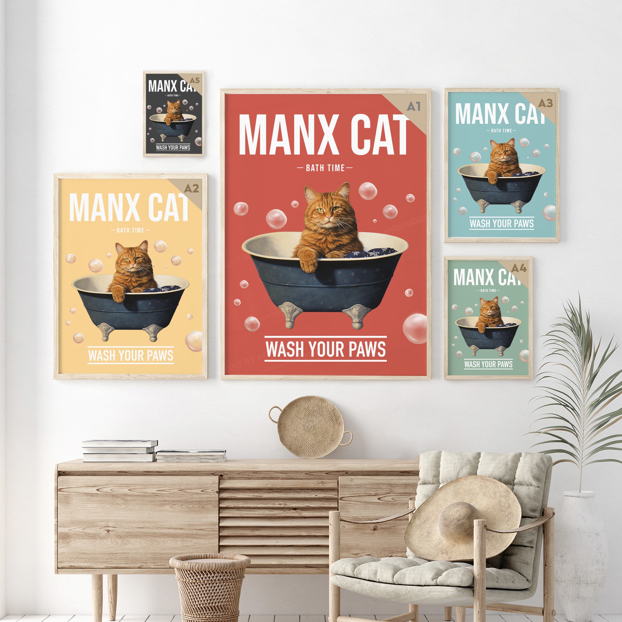 Any Colour Manx Cat in Bath Poster Manx Cat Poster Manx Cat Custom Text ...