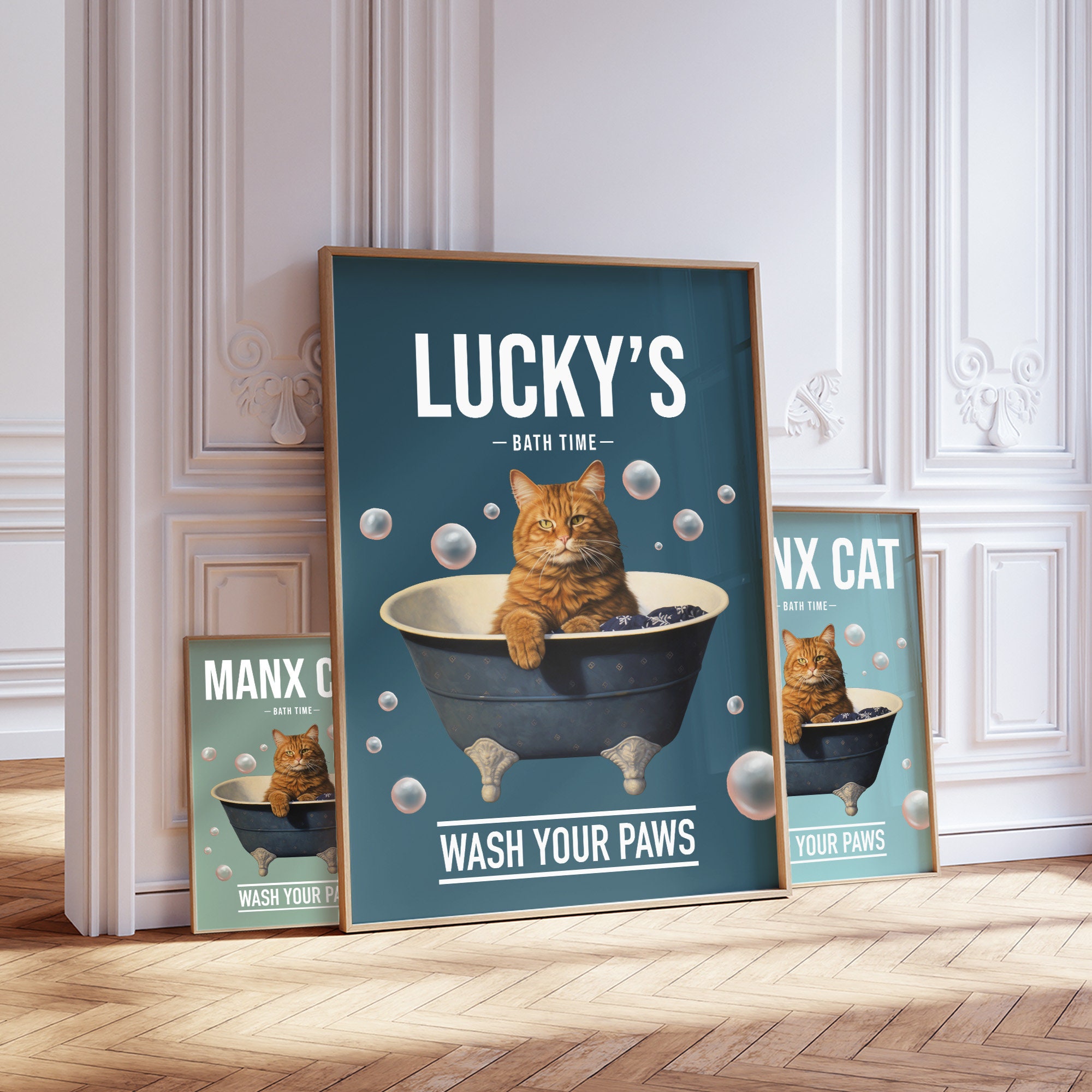 Any Colour Manx Cat in Bath Poster Manx Cat Poster Manx Cat Custom Text ...