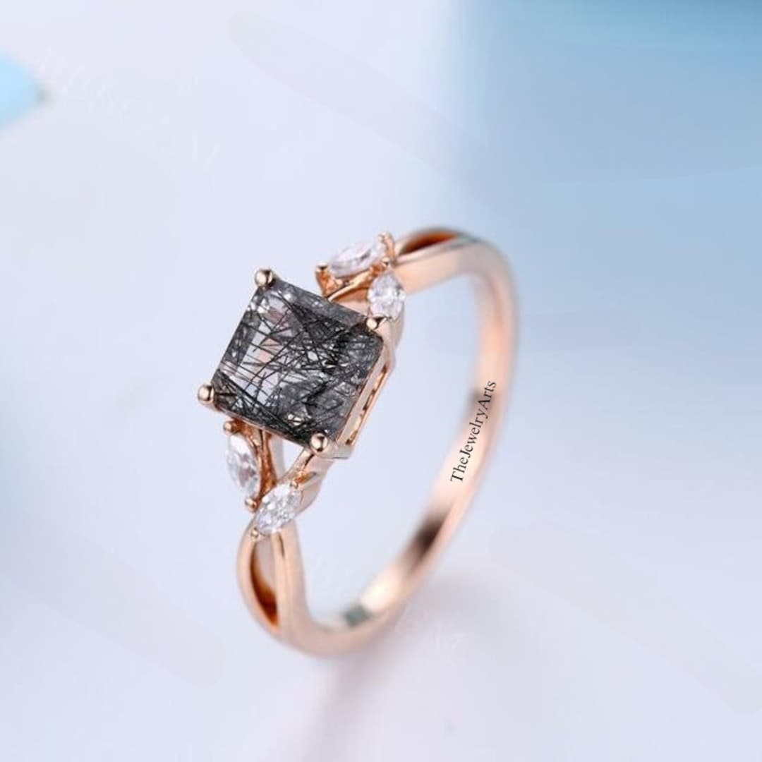 Genuine Black Rutilated Quartz Ring Black Rutile Engagement Ring Square ...