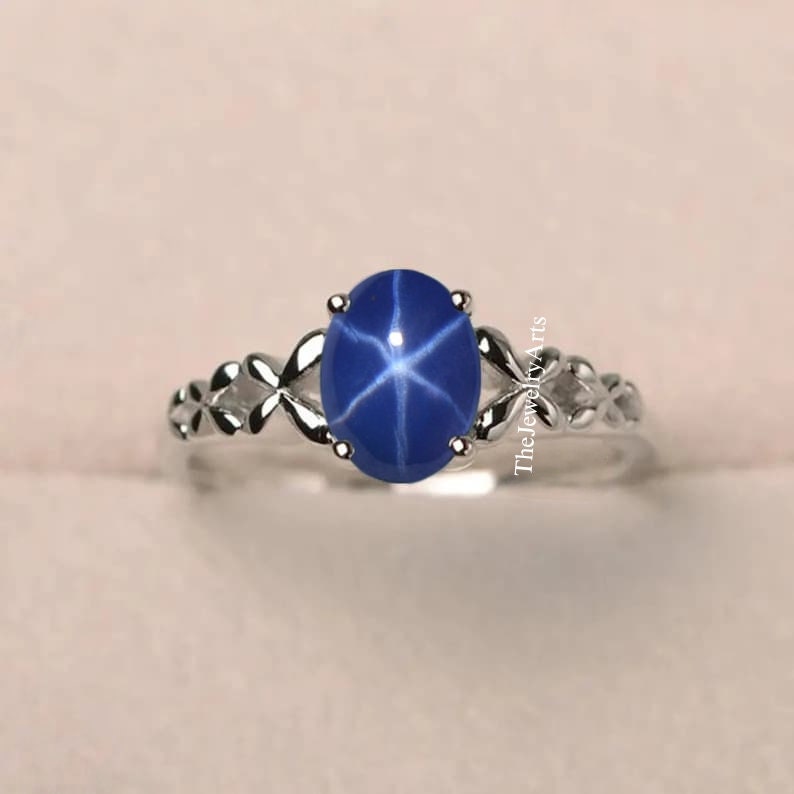 Blue Star Sapphire Ring, Cornflower Star Sapphire Ring, 925 Sterling ...