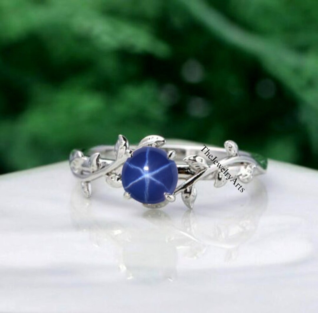 Blue Star Sapphire Ring, Leaf Ring Star Sapphire Ring, 925 Sterling ...