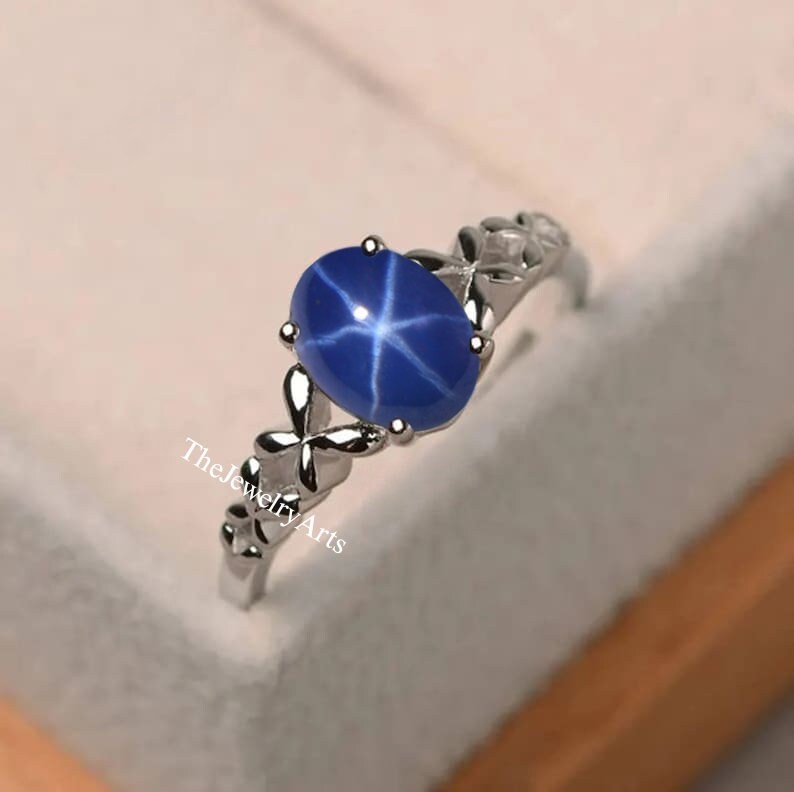 Blue Star Sapphire Ring, Cornflower Star Sapphire Ring, 925 Sterling ...