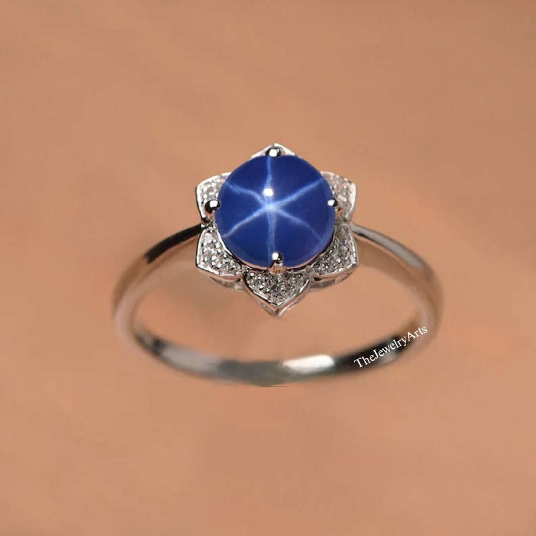 Genuine 6 Ray Blue Sapphire Star Ring 925 Sterling Silver Ring Blue ...