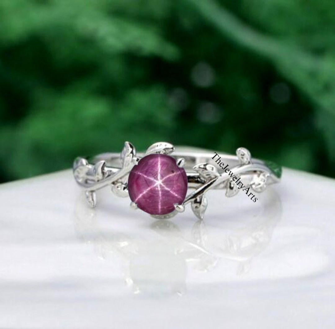 Star Ruby Leaf Ring, Genuine Star Ruby Ring, Engagement Ring, 925 Sterling Silver, Stacking Ring ...