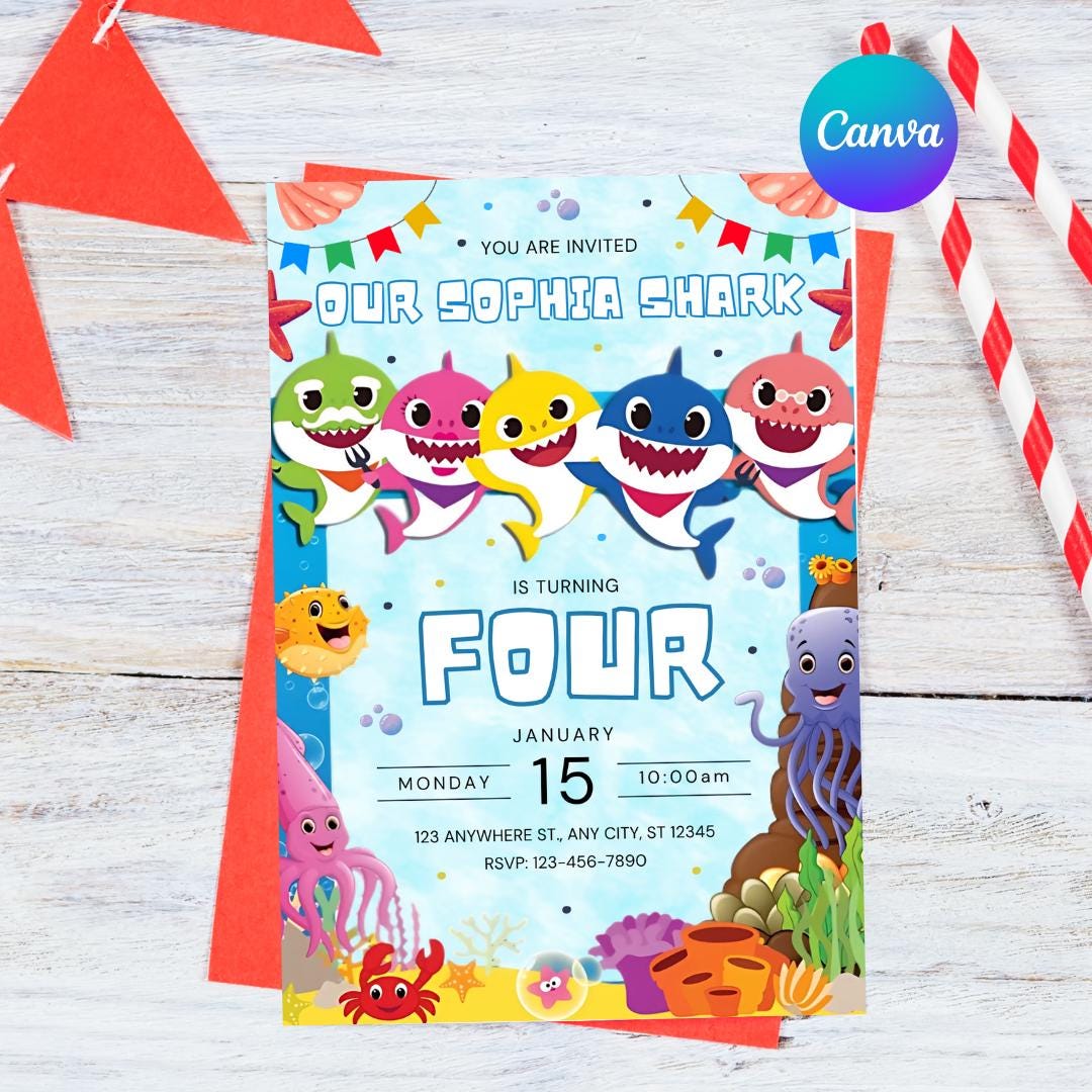 Baby Shark Kids Party Invitation Editable Digital Template 1st Birthday ...