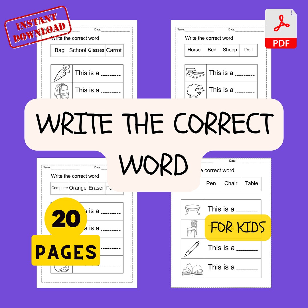Write the Correct Word - Activities for Kids - Printables - PDF - Etsy