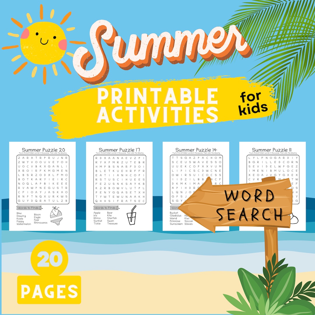 20 Page Printable Summer Word Search Set, Word Puzzle Activity for Kids ...